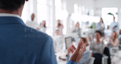 Boss presentation, success applause and business people meeting for ...