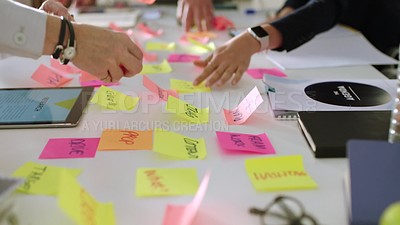 Business meeting, planning and sticky notes of creative collaboration ...