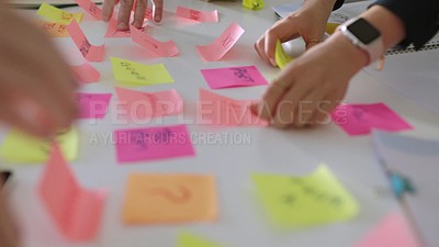 Hands, sticky notes and team brainstorming for marketing strategy and ...