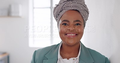 Business woman, face or fashion turban in modern office and global ...