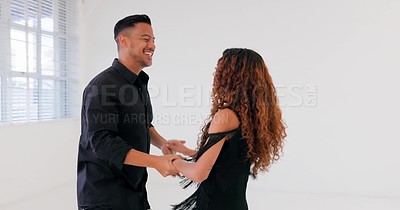 Happy, wellness and salsa dance couple in ballroom for class technique ...