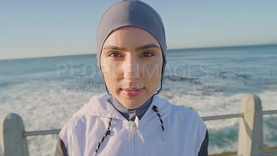 Fitness, running and face of muslim woman with headphones for music ...