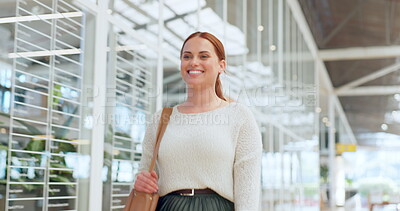 Leadership, business woman and walking in office ready to start work ...