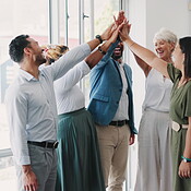 High five, applause and teamwork of business people in office for team ...