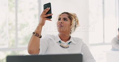 Phone, problem and angry black woman on office with technical glitch ...