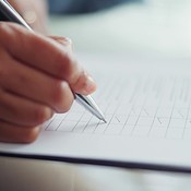 Hands, pen and writing in checklist, survey or FAQ questionnaire on ...