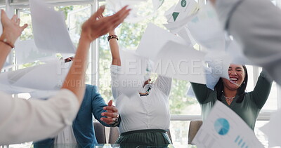 Meeting, celebration and a business team throwing documents during ...