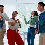 Creative business people, dancing and teamwork celebration, success or ...