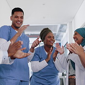 Applause, healthcare teamwork and hospital success, collaboration or motivation. Diversity ...