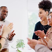 Team, applause and achievement for collaboration, group project and ...