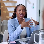 Leadership, discussion and black woman talking in meeting for strategy ...