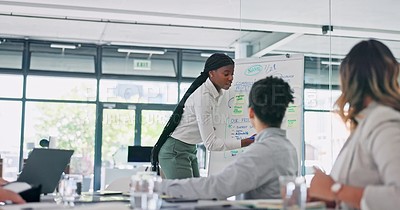 Corporate training, black woman and leader with staff, planning and ...