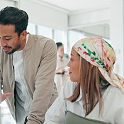 Business people, mentor and funny discussion laughing for joke, meme or ...