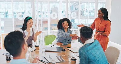 Welcome, handshake and applause with business people in meeting for ...