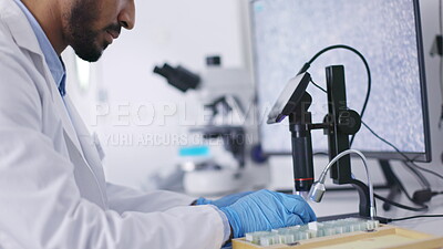 Science, research and man scientist, biotechnology and scientific tech ...