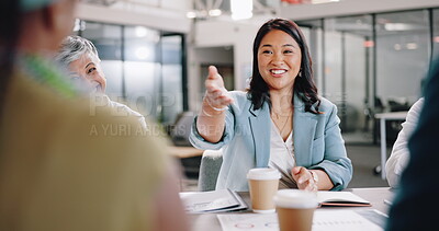 Deal, handshake and applause with business people in meeting for ...