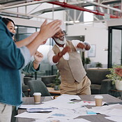 Business people, dance and celebration with success in business meeting ...