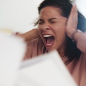 Stress scream, work chaos and black woman manager with office team ...