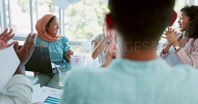 Applause, winner or high five with a business team throwing documents during collaboration at a ...
