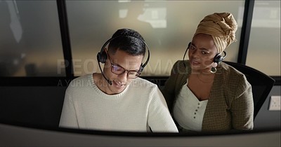 Call center, training and man coaching black woman coworker at customer ...