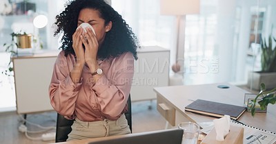 Black woman, covid and sinus in office with sneeze, tissue and runny ...