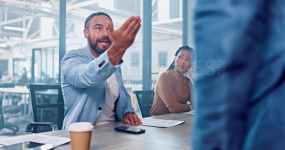 Conflict, fight and angry or frustrated businessman in a meeting ...