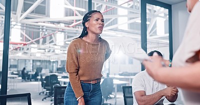 Angry business woman, conflict and argument or disagreement with work ...