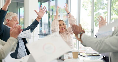 Business woman, applause and laughing with people at seminar, meeting ...