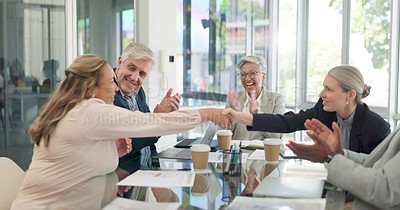 Business woman, applause and laughing with people at seminar, meeting ...
