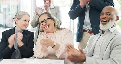 Business woman, applause and laughing with people at seminar, meeting ...