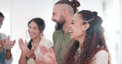 Winner, applause and success with a business team clapping together in ...