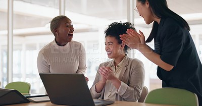 Corporate, women and applause with laptop, achievement and teamwork for ...