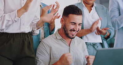 Business people in meeting, applause and screen, black woman speaker ...