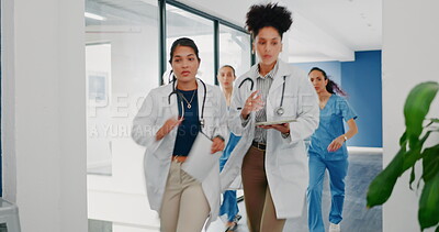 Doctors, nurses or running in hospital emergency, patient crisis or ...