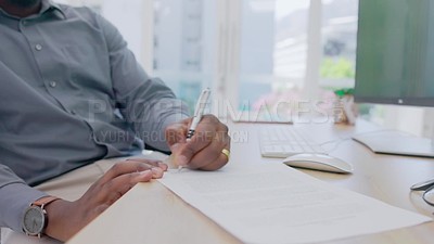 Business, black man and hands writing on documents, paperwork or ...