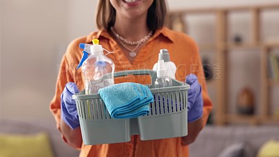 Maid, cleaner and woman with cleaning equipment to disinfect house or ...
