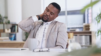 Neck pain, stretching and business man stress, anxiety or fatigue for ...