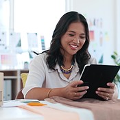 Indian woman, designer and tablet clothing design data check in a ...