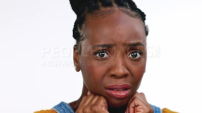 Face, fear and worried with a black woman in studio isolated on a white ...