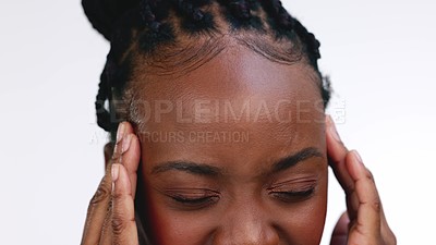 Closeup, headache and black woman with burnout, muscle tension and ...