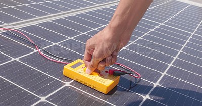 Tablet data, solar panel app and roof construction worker working on ...