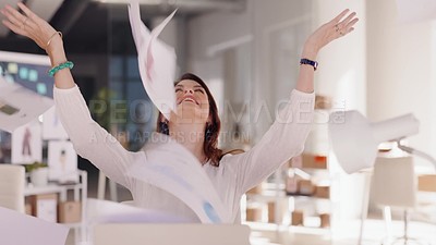 Business woman, celebration and throwing paperwork in air for winning ...