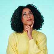 Black woman, doubt and thinking with confusion, question and girl ...