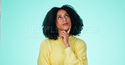 Black woman, doubt and thinking with confusion, question and girl ...