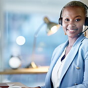 Face of call center black woman, happy agent or consultant for ...