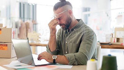 Business man, tired and laptop for box logistics, shipping or planning ...