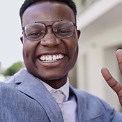 Selfie, business and black man outdoor, peace sign and winner with ...