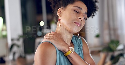 Business, night and woman with shoulder pain, stress and overworked in ...