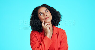 Woman face, thinking and surprised with idea, solution and planning on ...