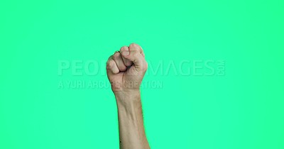 Green screen, protest and hand in fist in studio for empowerment ...